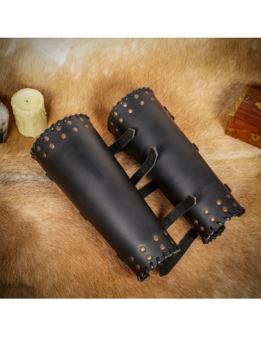 Viking greaves genuine black leather with studs ⚔️ Medieval Shop