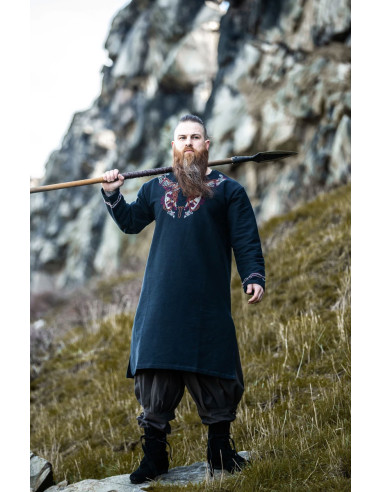 Snorri Viking tunic with Urnes style hand embroidery, black-red ⚔️ Medieval Shop
