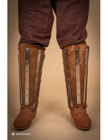 Medieval greaves in steel and split leather, brown ⚔️ Medieval Shop