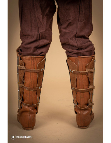 Medieval greaves in steel and split leather, brown ⚔️ Medieval Shop